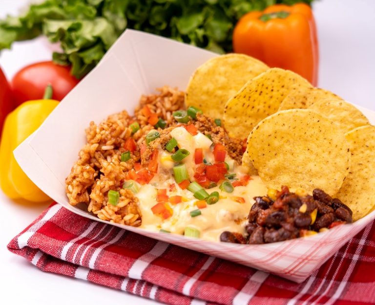 Taco Queso Bowl with Spanish Rice and Black Bean and Corn Salsa State ...